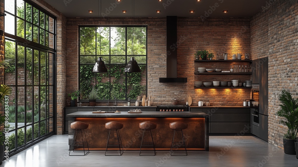 Industrial loft kitchen with exposed brick walls The room has a rustic ...