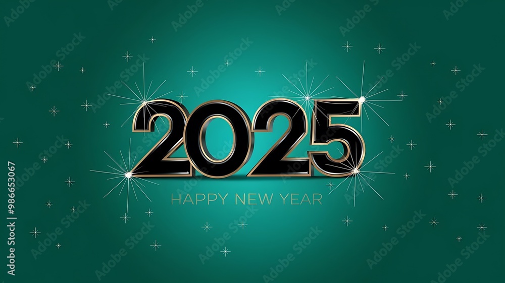 A black and gold 2025 Happy New Year text with sparkling stars on a ...