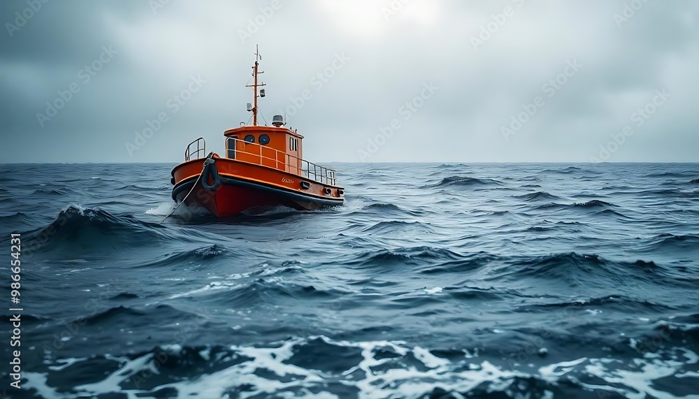 An empty orange lifeboat floats alone in the rough sea under a gloomy ...