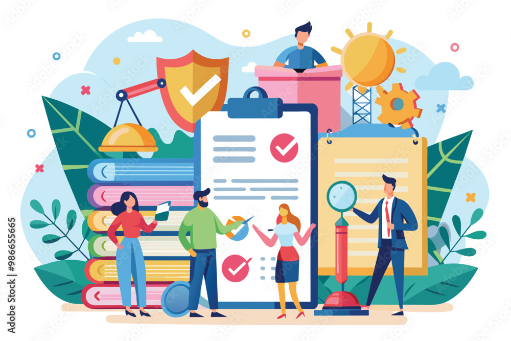 Illustration of company policies and principles with diverse characters ...