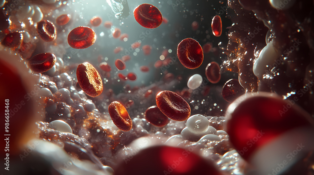 The life science concept art of many red blood cells and platelets with ...