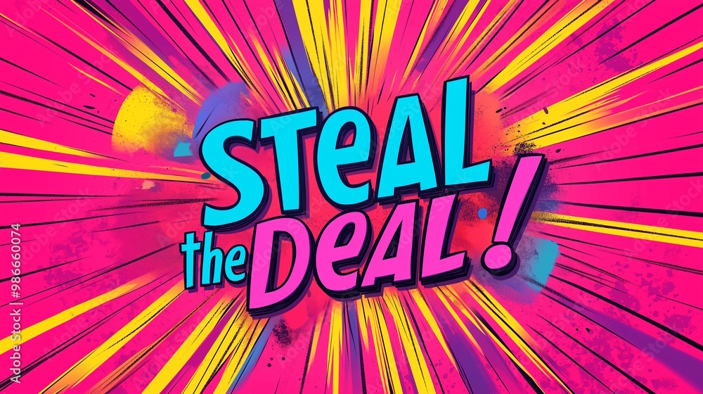 Pop-art style "Steal the Deal!" text with a comic explosion effect and ...