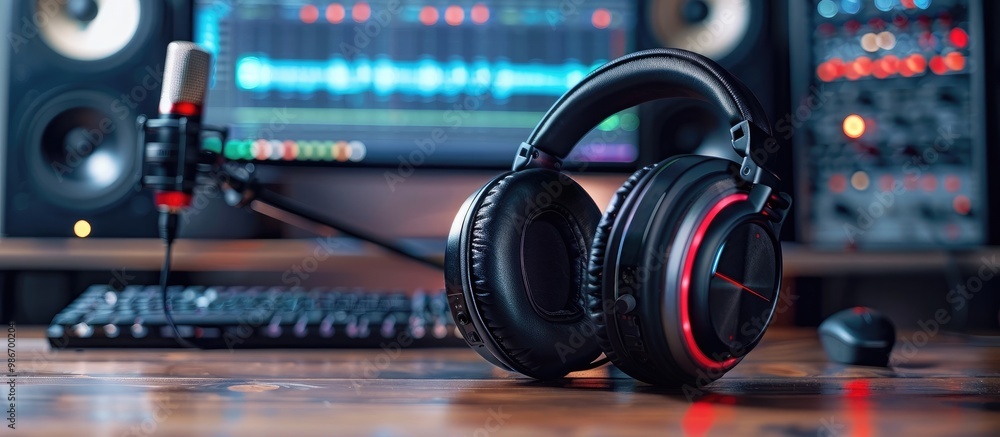 professional audio headphones on a multimedia workspace desk with ...