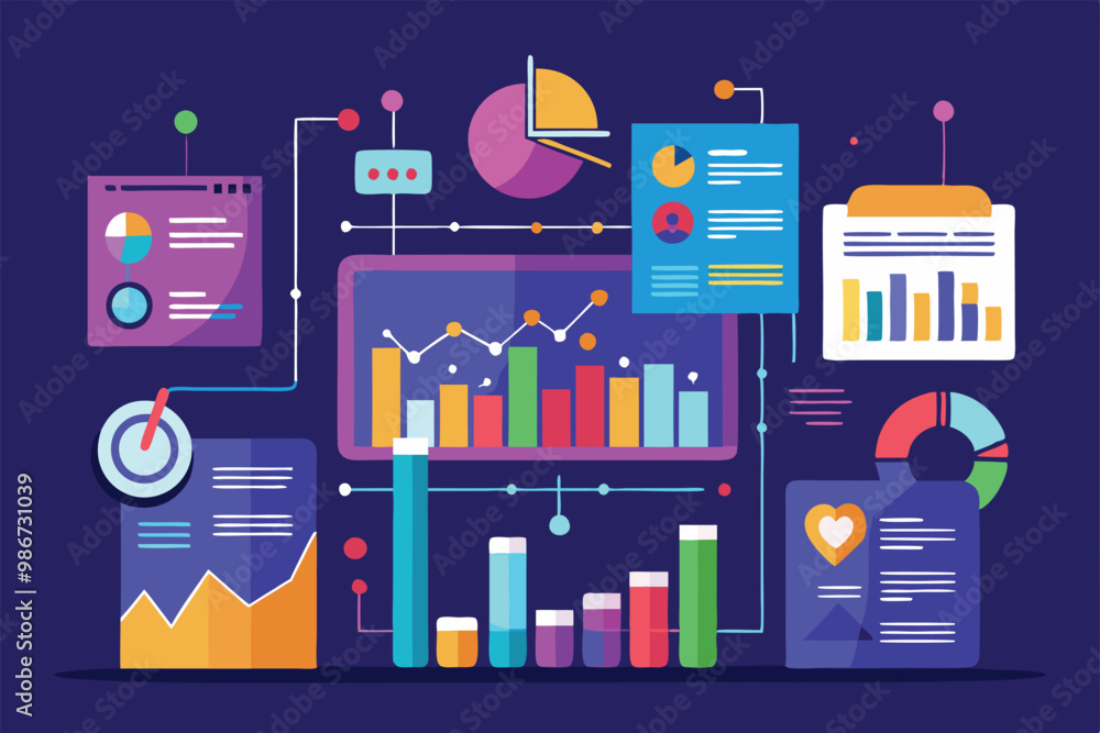 Colorful charts and graphs illustrate customizable data analysis with ...