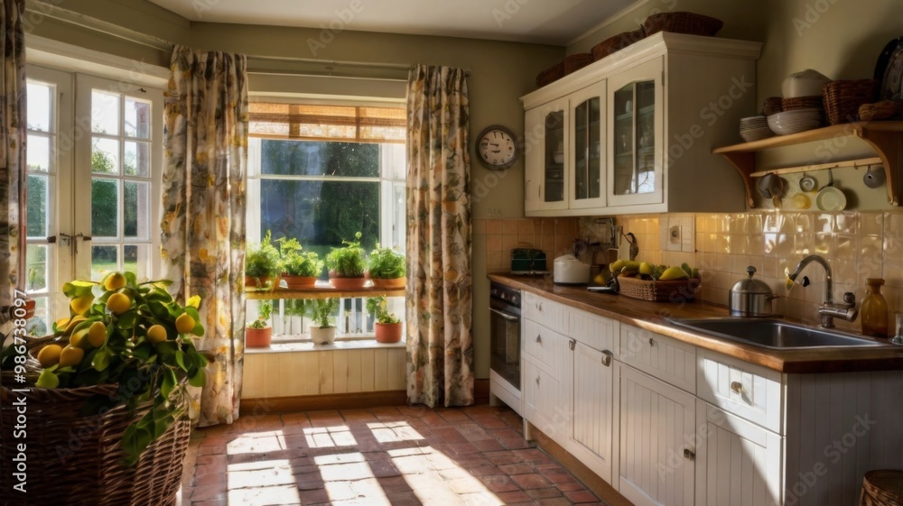 Stock-Foto „Cottage in suburban street int kitchen. Warm, practical ...