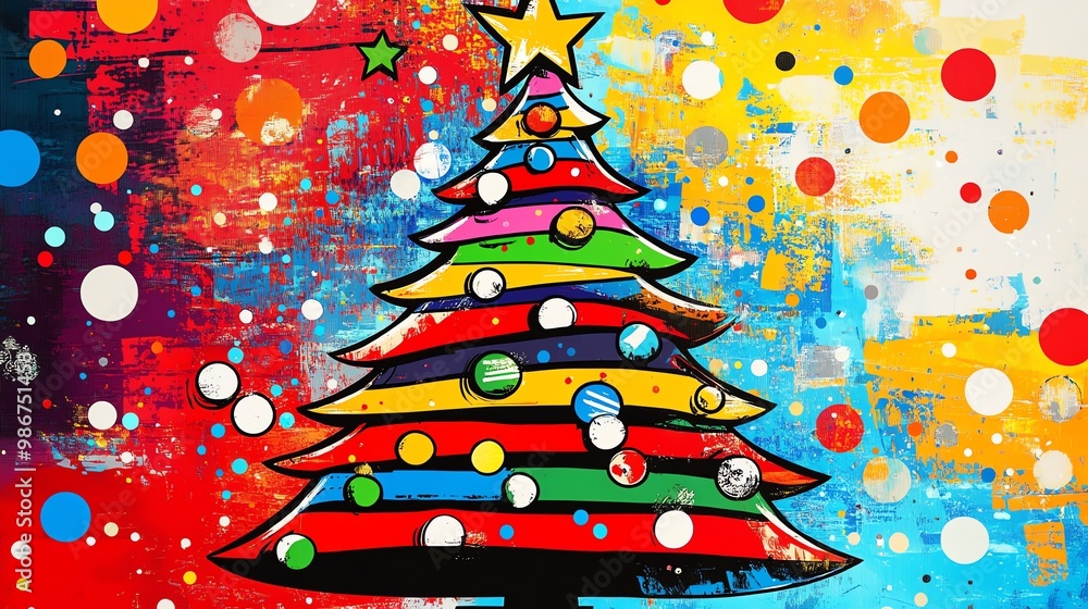 Pop art style Christmas tree, bright primary colors, bold graphic ...