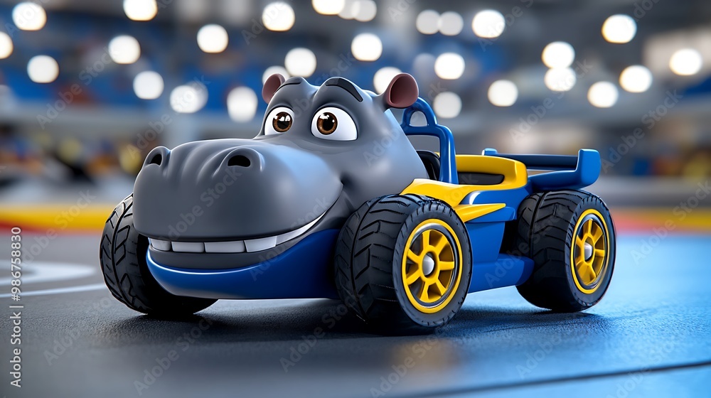 Happy Cartoon Hippo in Fun Racing Car Stock Illustration | Adobe Stock