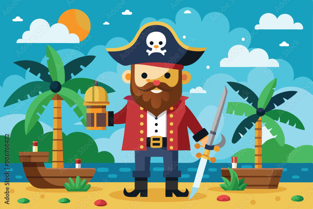 A cheerful pirate stands on a sandy beach with palm trees, holding a ...