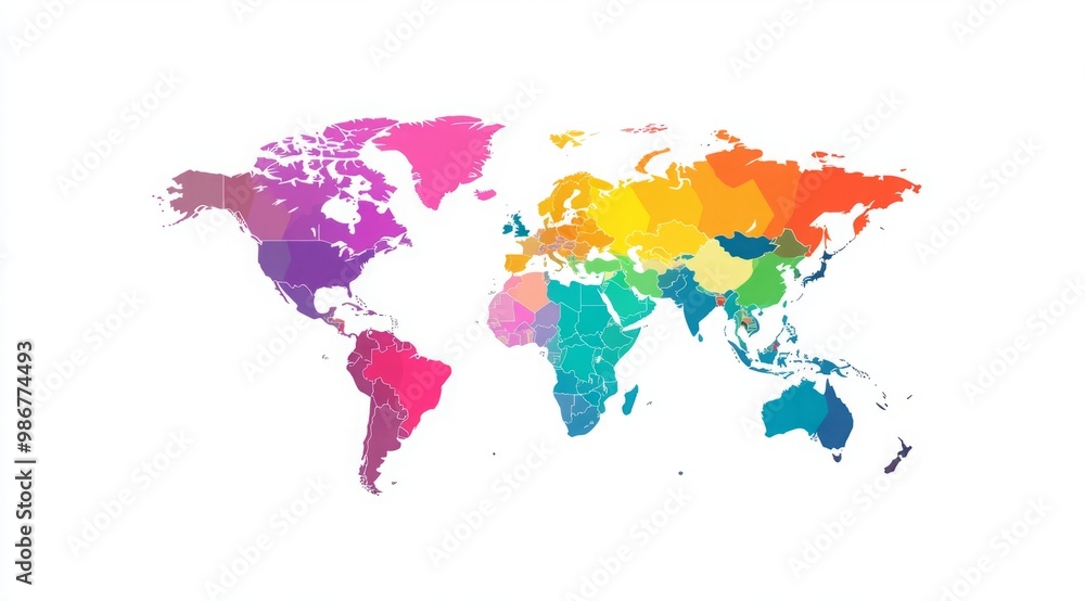 Vibrant and minimalistic world map illustration featuring continents in ...
