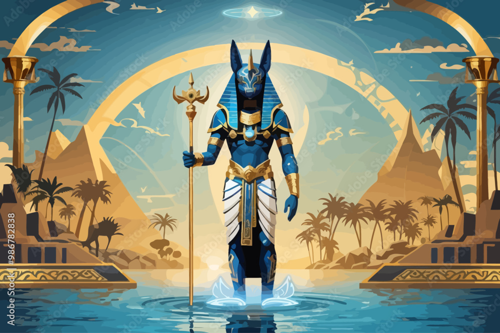 Anubis standing over the Nile, guiding souls with an energy staff as ...