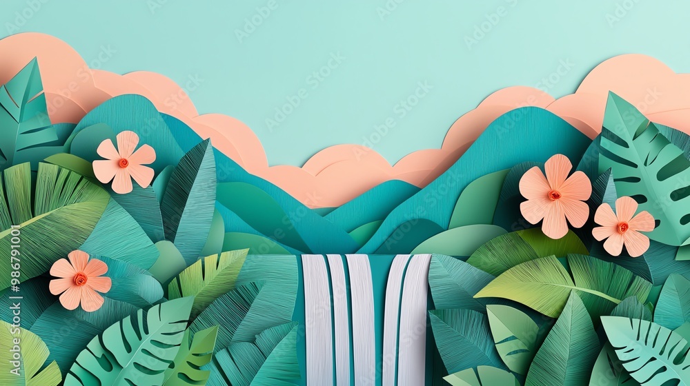 El Yunque, Puerto Rico, rainforest with waterfalls in paper layers ...