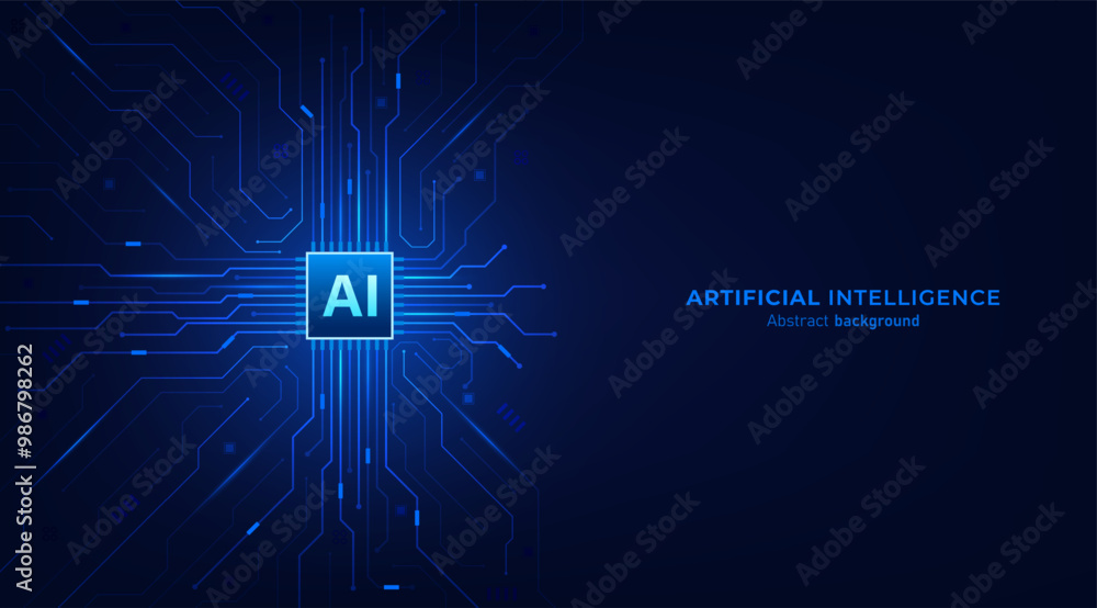 Ai chip on circuit board blue background. Artificial intelligence and ...