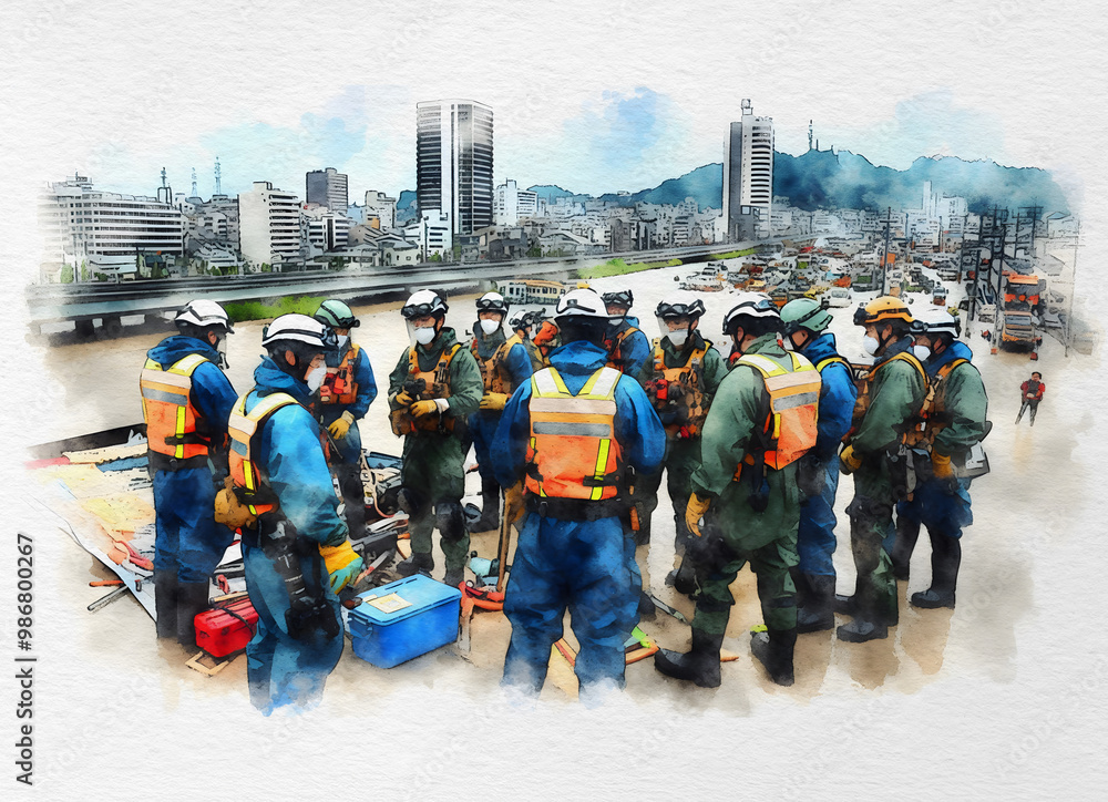 Watercolour illustration of Rescue worker working in a tsunami flood ...