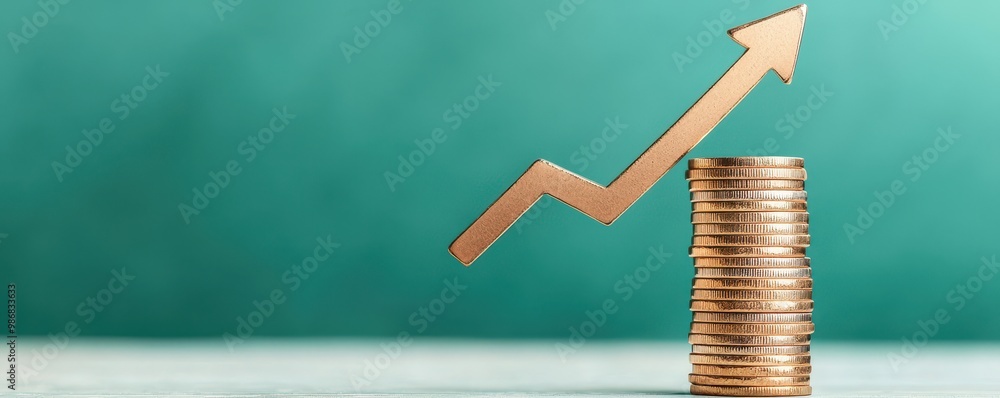Investment growth concept with coins and an upward arrow on a textured ...