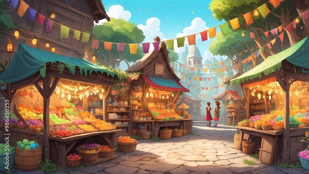 Tiny Fairy Market with Colorful Stalls Cartoon Background Design Stock ...