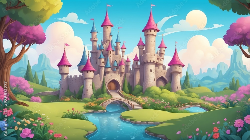 Whimsical Castle Garden Cartoon Background Design Stock Illustration ...