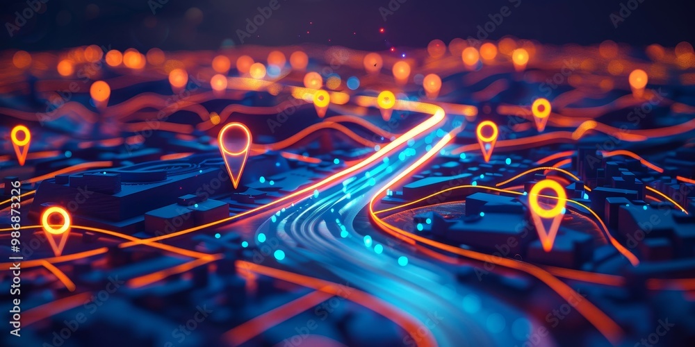 A modern digital roadmap shown with luminous lines and markers ...