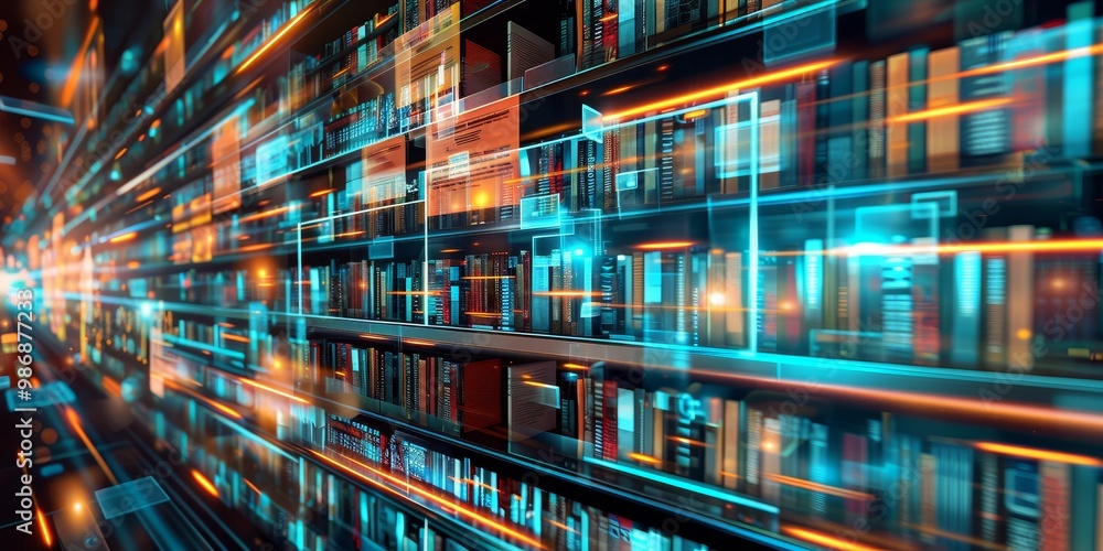 Virtual bookshelf interface with a variety of digital book covers ...