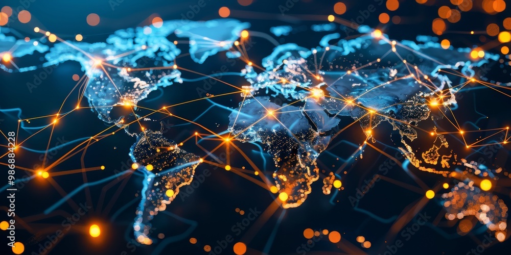 Stylized image of a WAN symbol uniting continents with a web of glowing ...