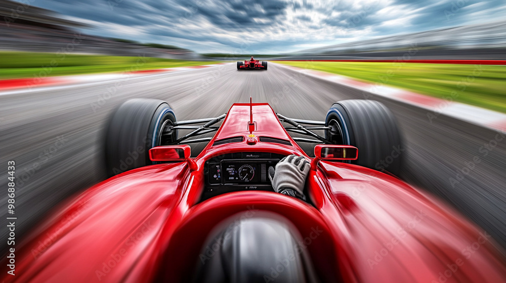 High-speed Formula 1 cockpit view racing to the finish line with ...