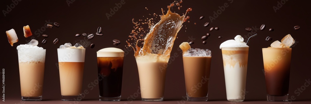 Various types of iced coffee drinks arranged in a line, highlighting ...