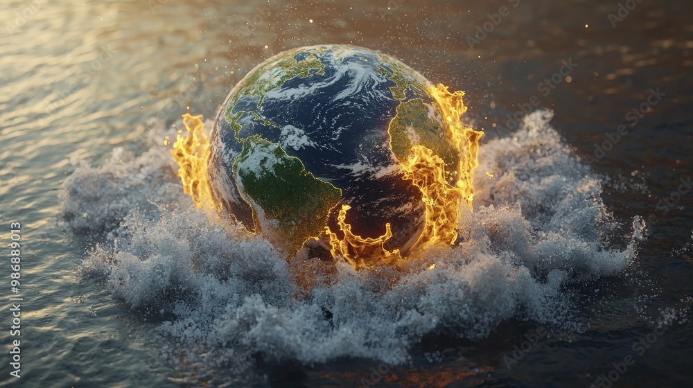 Global Warming Crisis: 3D Globe Surrounded by Boiling Water and Heat ...