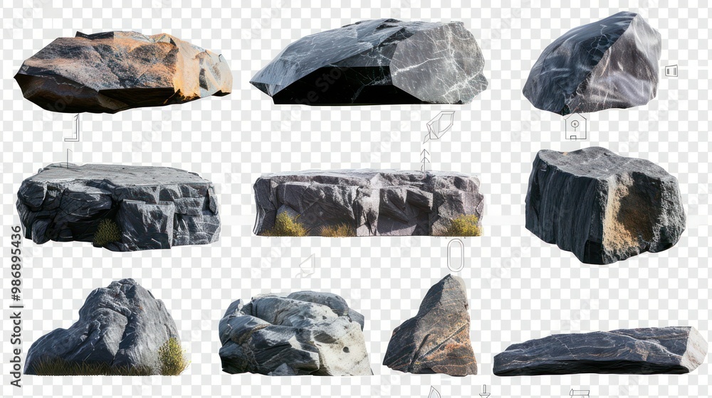 Collection set of long flat big hard rock boulder stone podium stage ...