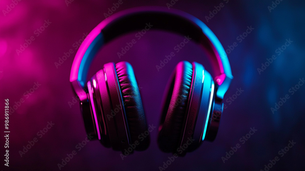 Neon Headphones. A pair of modern headphones with a cool blue and red ...