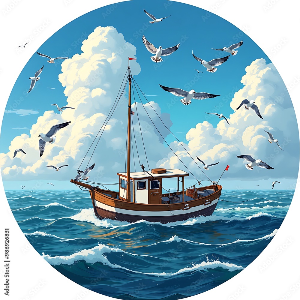 Art of a Small Fishing Boat with Seagulls and Open Sea in Digital ...