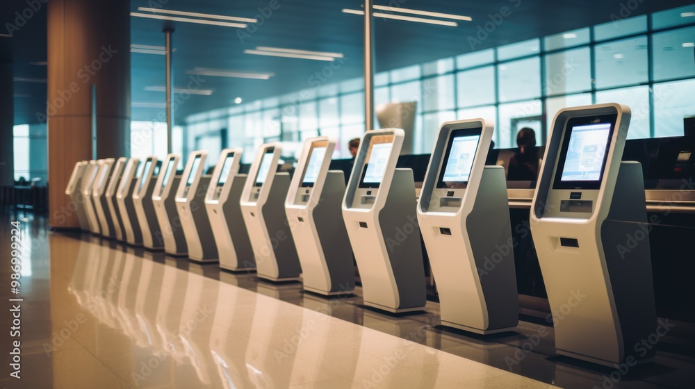 A row of sleek self-service kiosks in an airport terminal, designed for ...