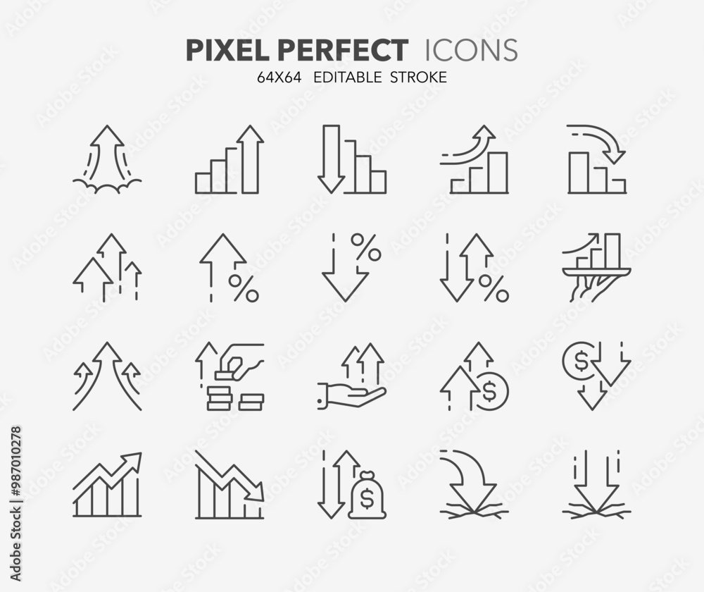 Line icons about increase and decrease. Contains such icons as stock market, profit, launch and ...