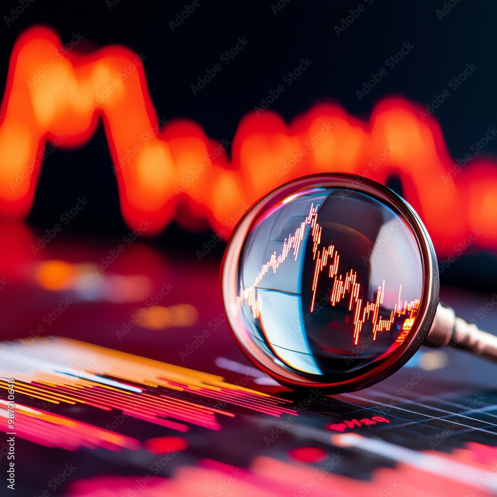 Magnifying glass over financial charts, analyzing stock market trends ...