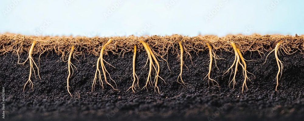 Cross-section of soil showing plant roots and beneficial microorganisms ...