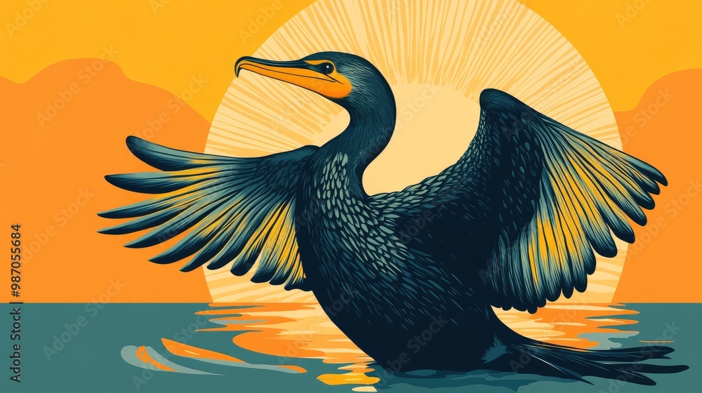 Cartoon-style cormorant sunbathing with wings outstretched, using a ...