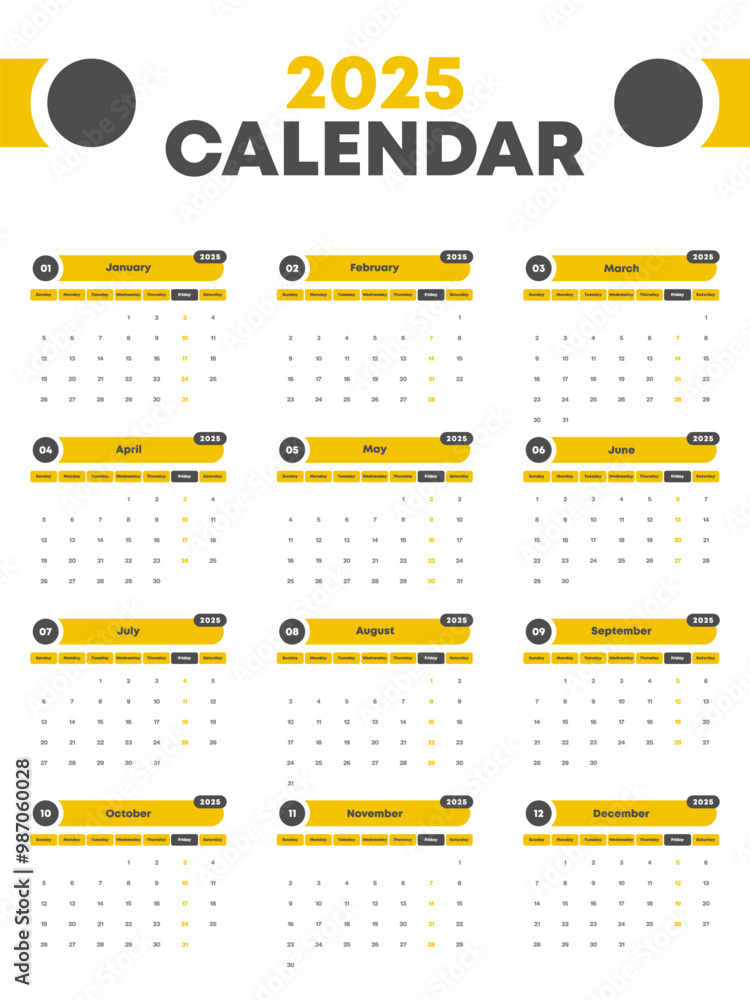 Full-Year 2025 Calendar Layout with Weekdays Stock Vector | Adobe Stock