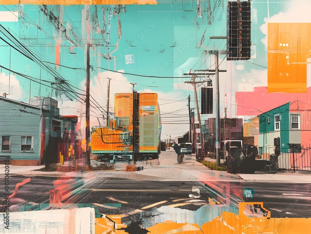 Colorful digital collage showcasing a futuristic urban scene with ...