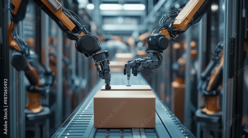 Robotic arms working on assembly line in a factory, automating the packaging process for ...