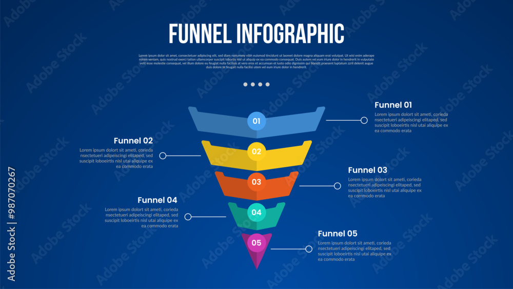 funnel infographic with reverse pyramid slice bottom direction with 5 ...