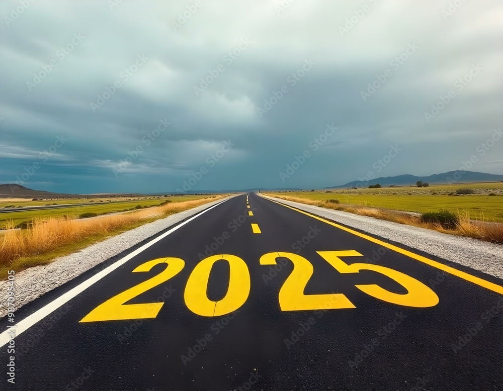 Ilustración de Stock Road to 2025 with an empty road with written 2025 ...