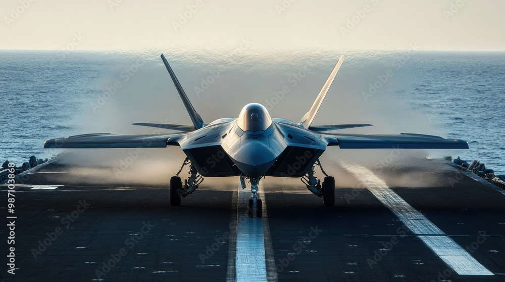F-22 Raptor fighter jet accelerating during takeoff on an aircraft ...