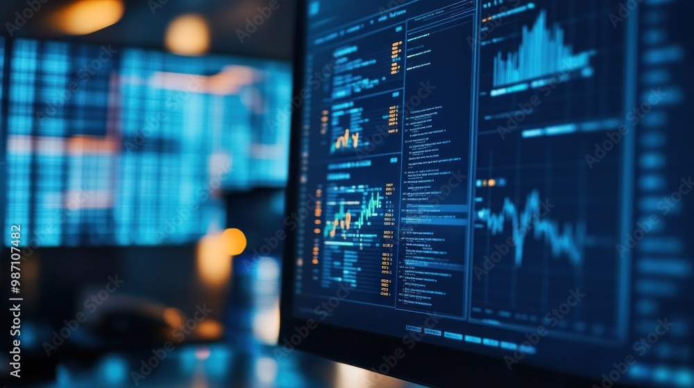 Computer monitor displaying an abstract network monitoring dashboard with real-time data ...