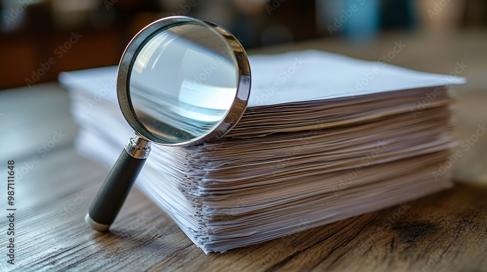 Magnifying glass over a neatly arranged stack of official papers ...