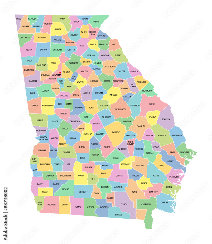 Georgia, U.S. state, subdivided into 159 counties, multi colored ...