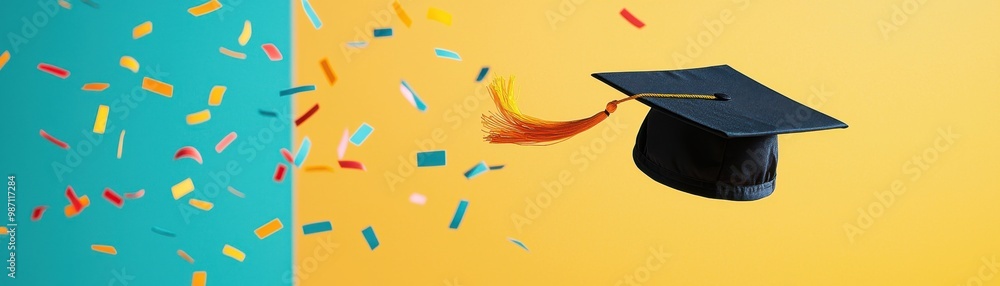 Celebrate achievement with a graduation cap and colorful confetti on a ...