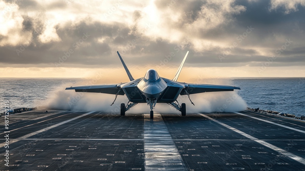F-22 Raptor fighter jet accelerating during takeoff on an aircraft ...