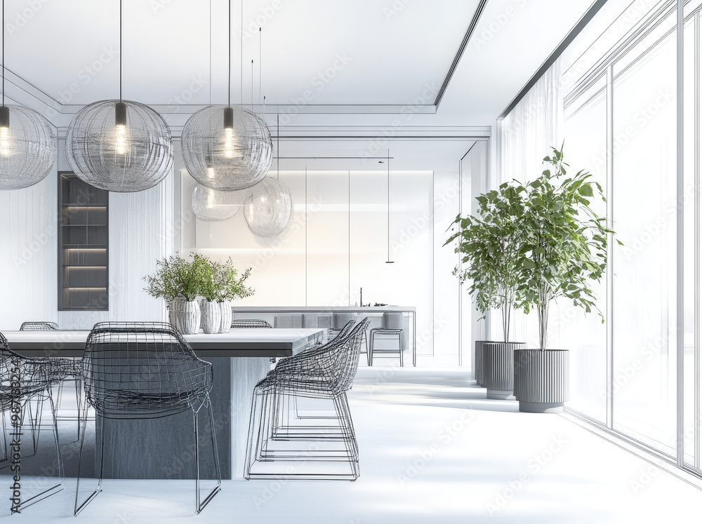 A modern dining room design in parametric architecture, featuring a ...