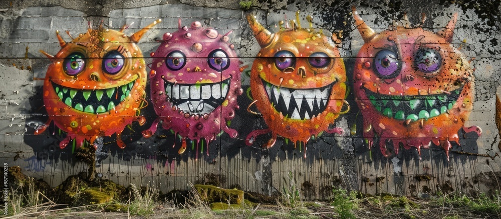Colorful and imaginative graffiti mural featuring a group of whimsical ...