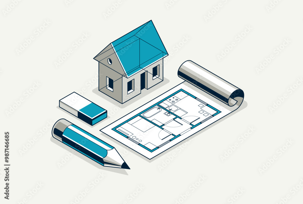 House project concept, 3D isometric vector illustration of a small ...