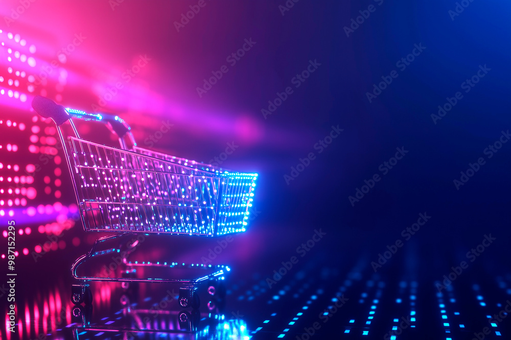 Shopping carts on electronic neon pink blue background, free space for ...