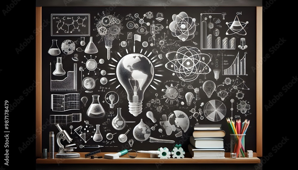 Various scientific and educational diagrams on a chalkboard background ...